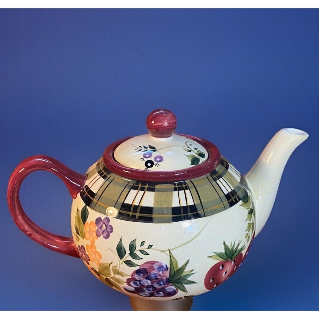 Oneida Teapot Strawberry Plaid Hand Painted Discontinued 6" Grandma ...