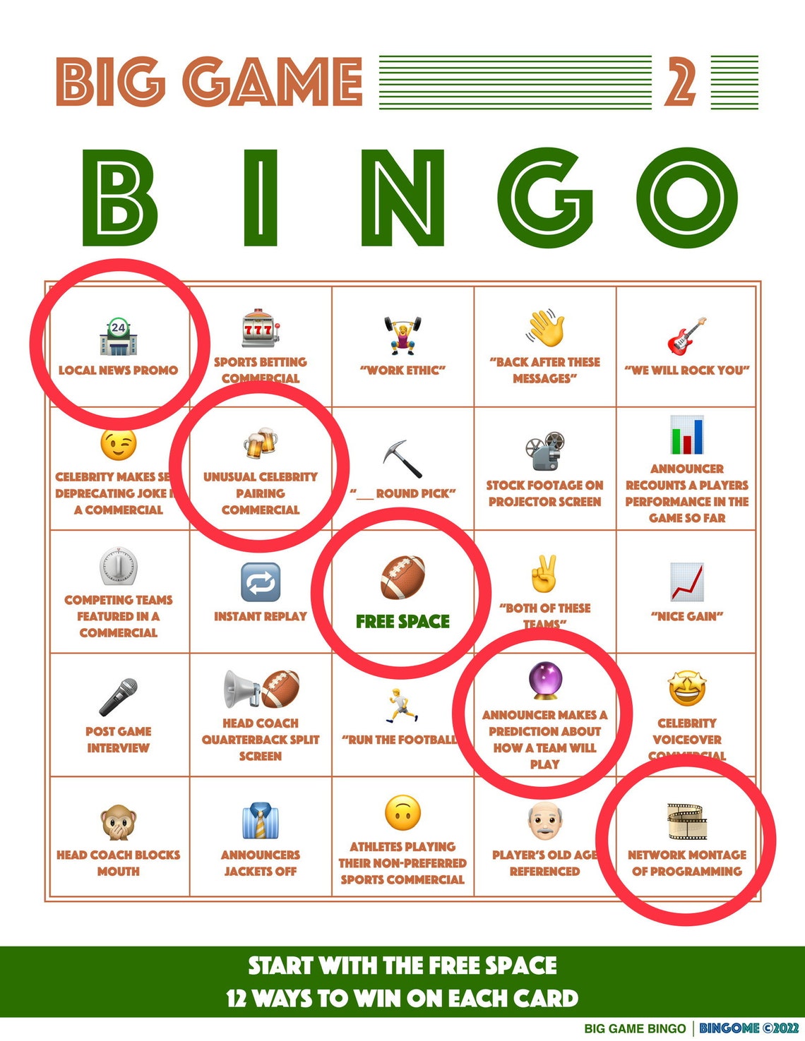 Big Game Bingo Cards ~ Set of 20 - Etsy