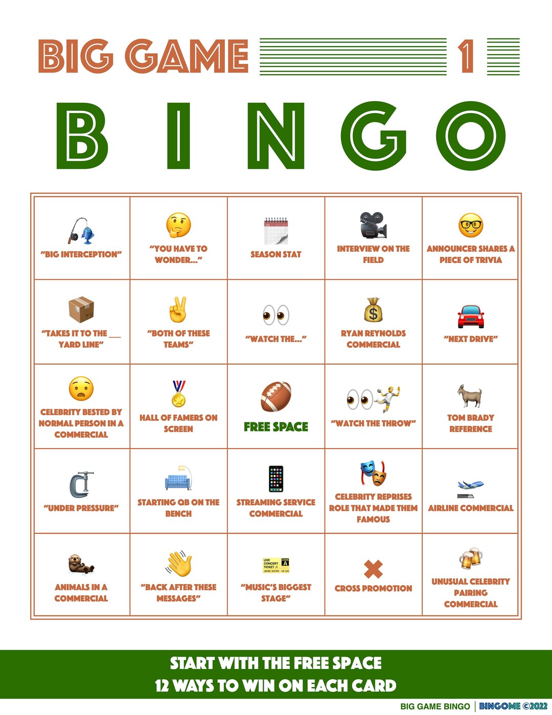 Big Game Bingo Cards ~ Set of 20 - Etsy