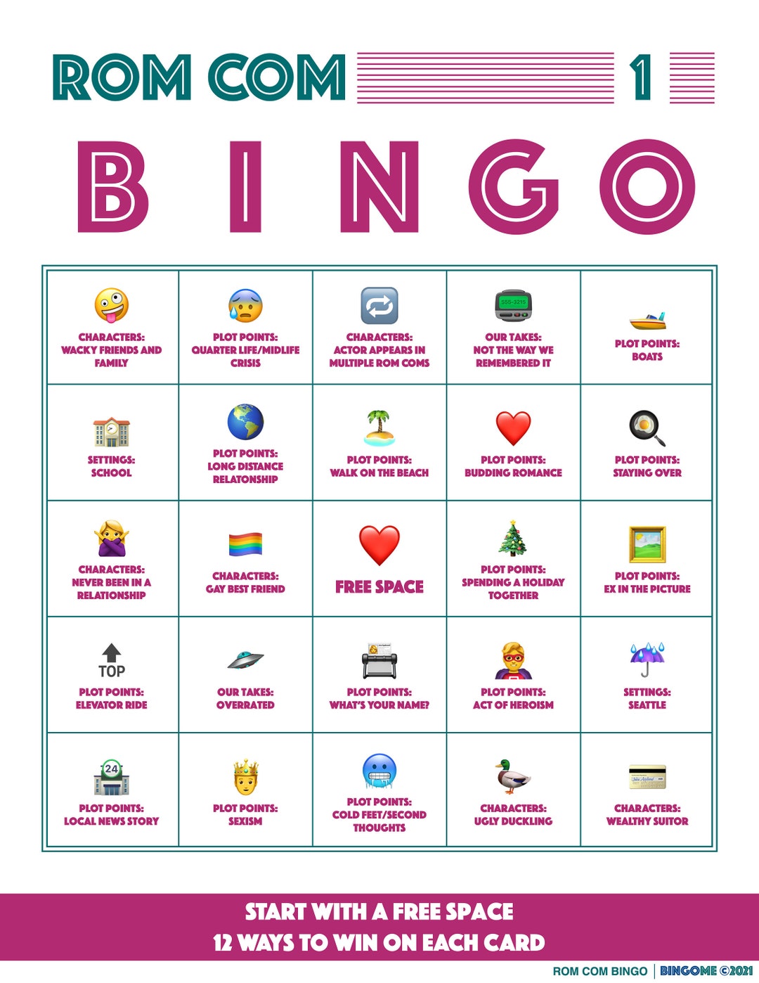 Rom Com Bingo Cards ~ Set of 5 - Etsy