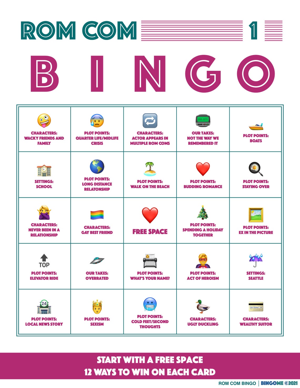Rom Com Bingo Cards ~ Set of 5 - Etsy