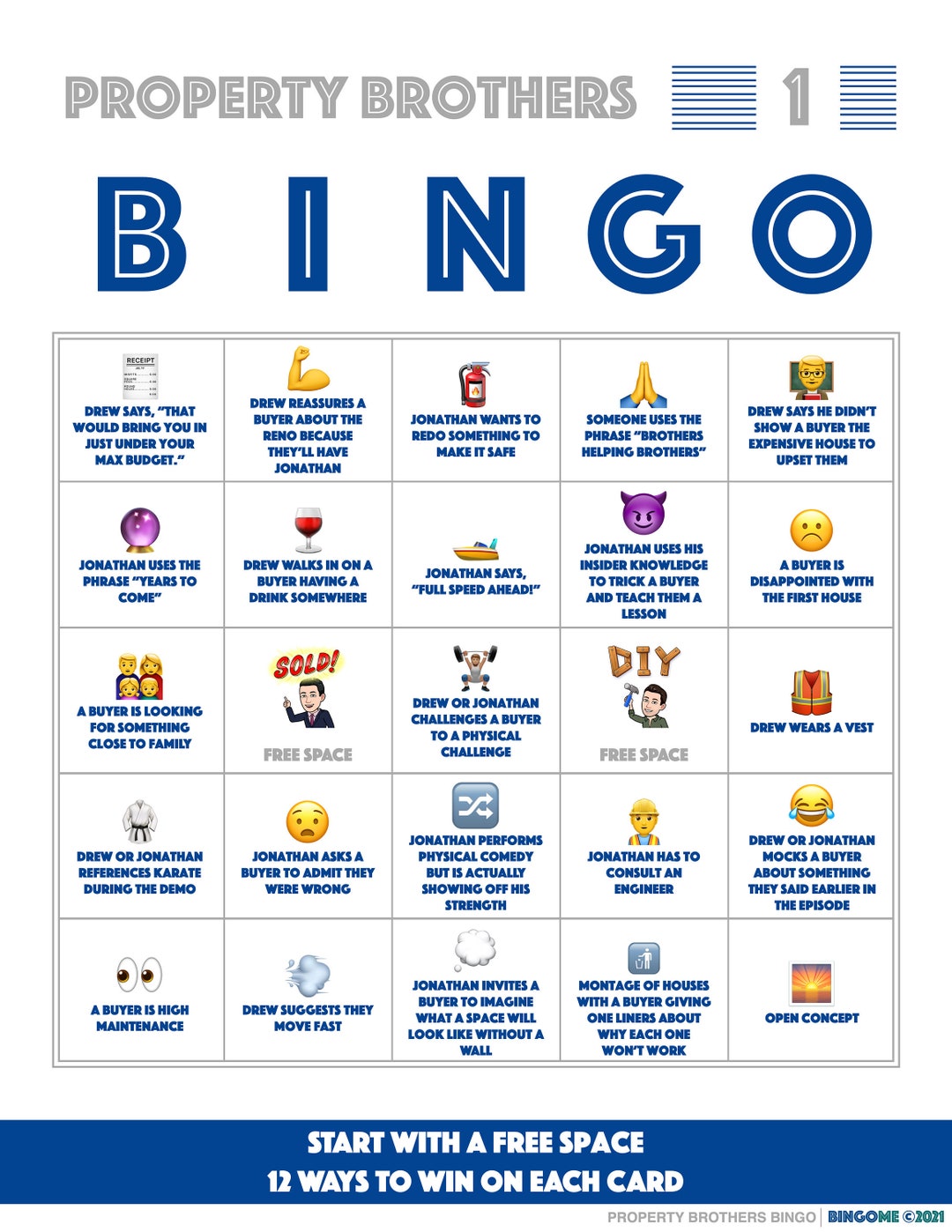 HGTV Property Brothers Bingo Cards ~ Set of 5 - Etsy