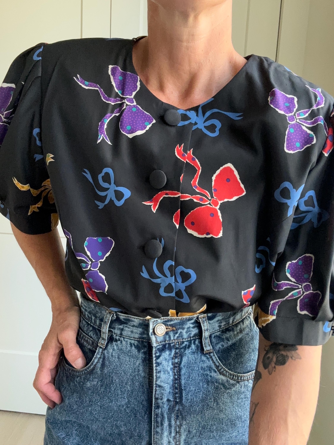 Vintage Poof Sleeve Ribbon Top, Black, Women, Blouse, Tops - Etsy