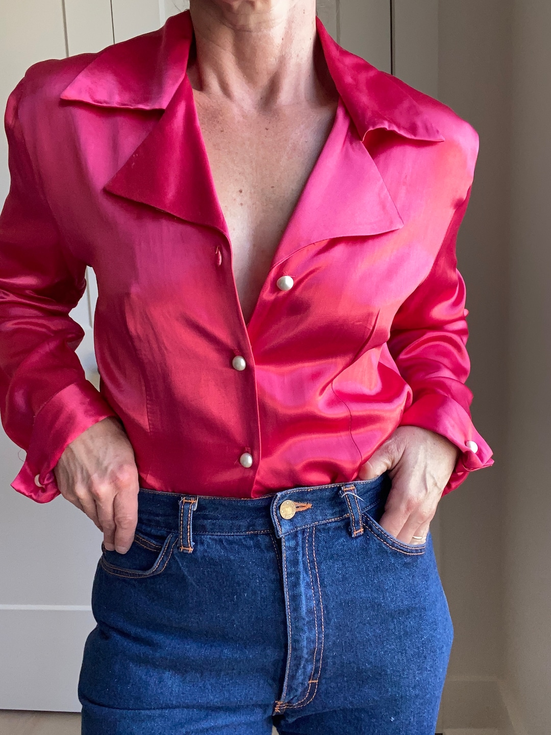Pink Rayon Top, Vintage, Form Fitting, Ling Sleeve, Women, Clothing ...