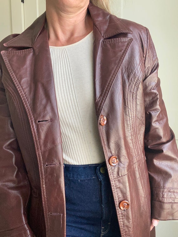 Brown Leather Jacket, Vintage, Coat, Mid Length, Tren… - Gem