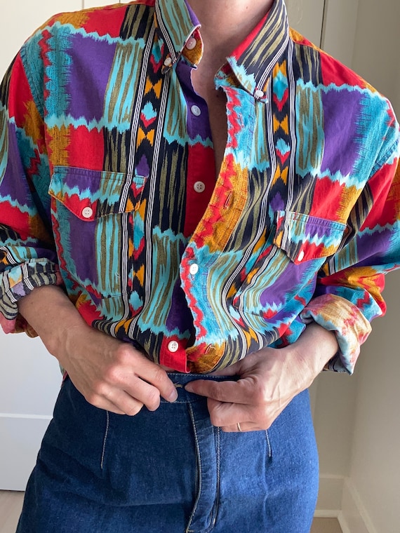 Vintage Button Up Color Block Shirt - Gem