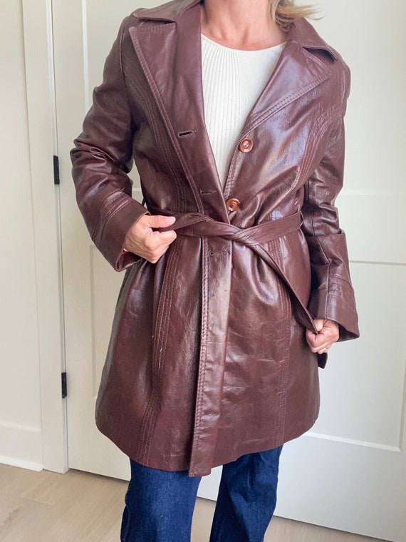 Brown Leather Jacket, Vintage, Coat, Mid Length, Tren… - Gem