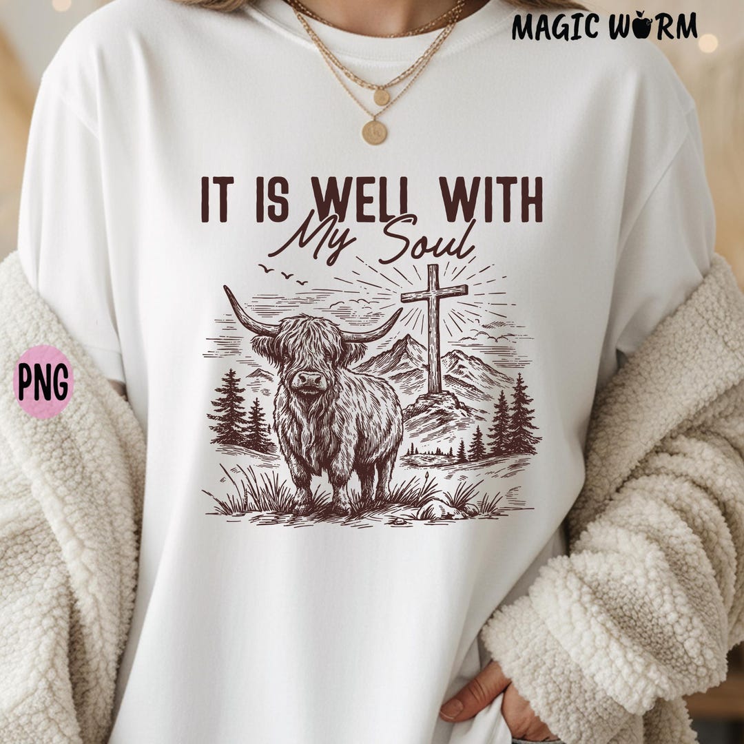 Christian Highland Cow Cross Mountain PNG: Faith Scripture Trending ...