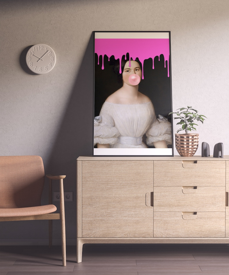 Dame W/ Bubblegum Pink Paint Drip Print Altered Art - Etsy