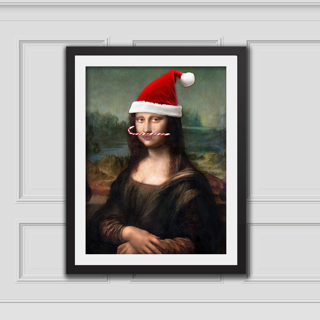 Mona Lisa Santa Hat & Candy Cane Print Eclectic Wall Art Alter Art ...