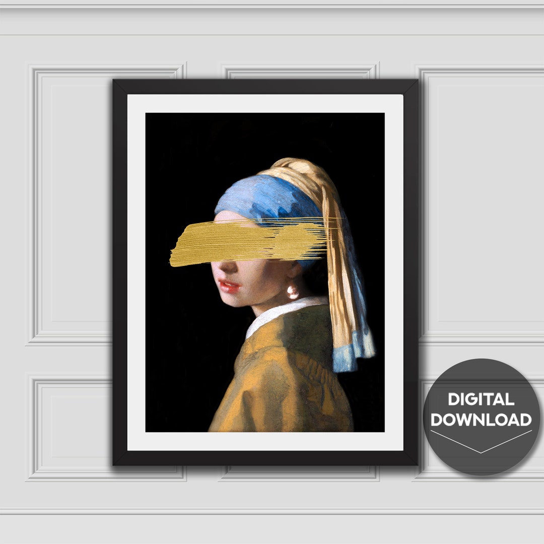 Girl With a Pearl Earring Golden Paint Brush Vintage Print, Oil ...