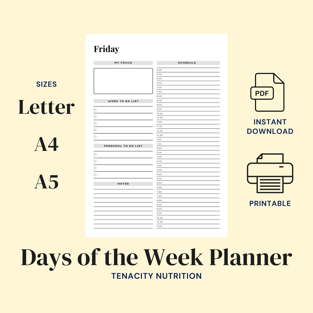 Days of the Week Daily Planner | Weekly Planner | Printable Planner ...
