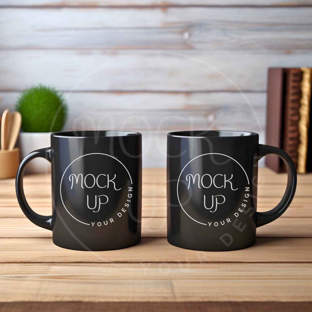 Two Black Ceramic Mugs Mockup Black Ceramic Mugs Mockup Black Coffee ...