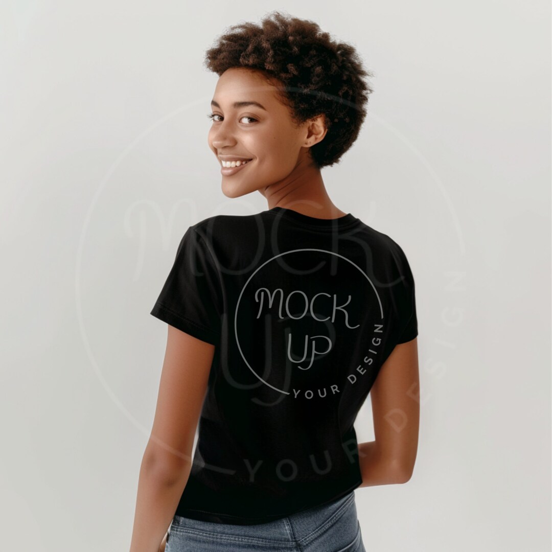 Black Woman Back Black Bella Canvas 6400 Mockup African American Woman ...