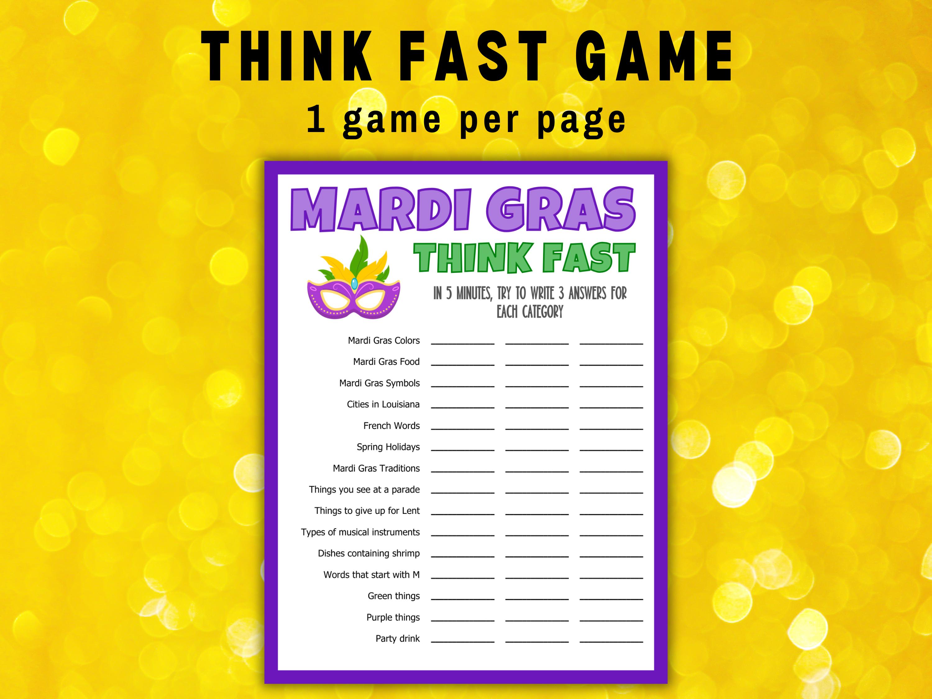 Mardi Gras Think Fast Game, Printable Mardi Gras Game, Mardi Gras ...