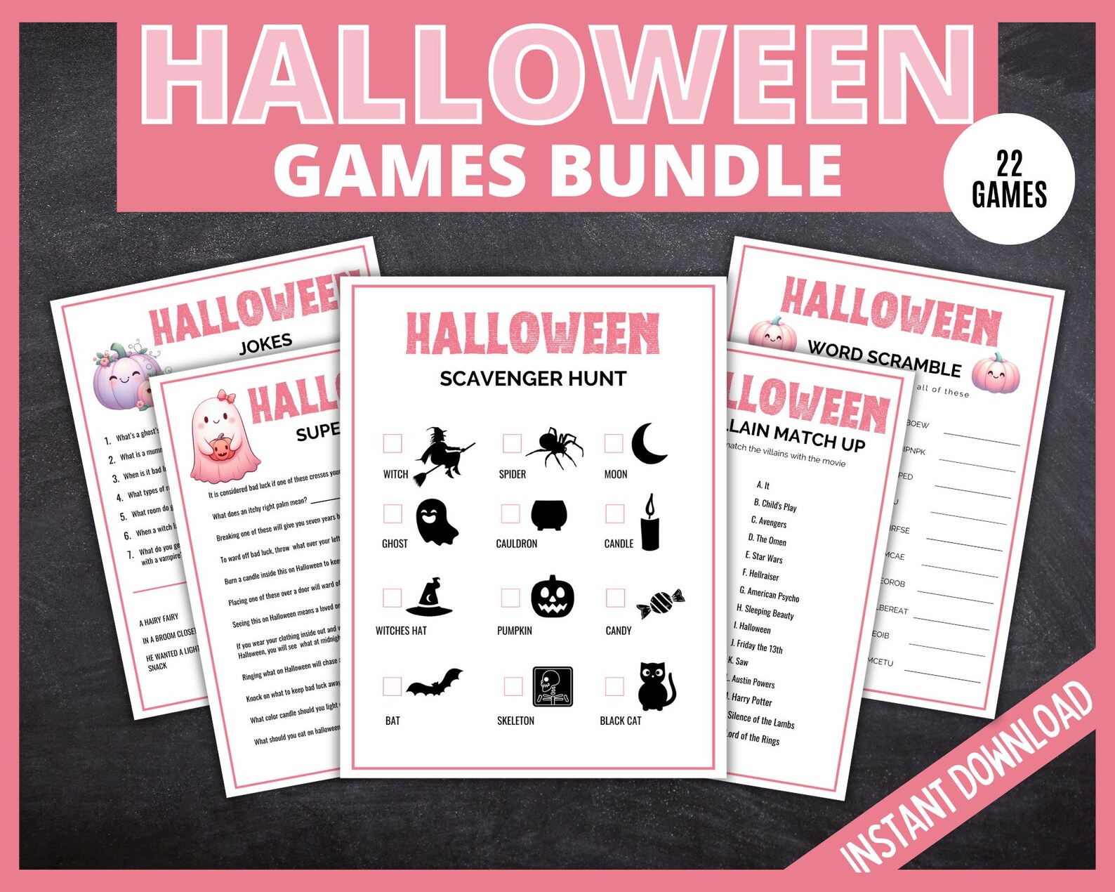 Pink Halloween Games Bundle, 22 Printable Halloween Games, Pastel ...