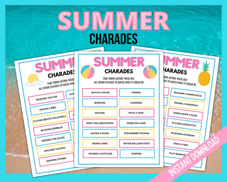 Summer Charades Printable Summer Charades List Summer Break | Etsy