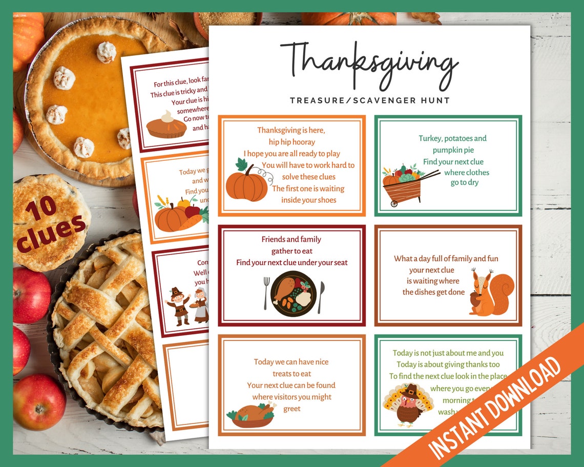 Thanksgiving Scavenger Hunt, Thanksgiving Treasure Hunt Clues ...