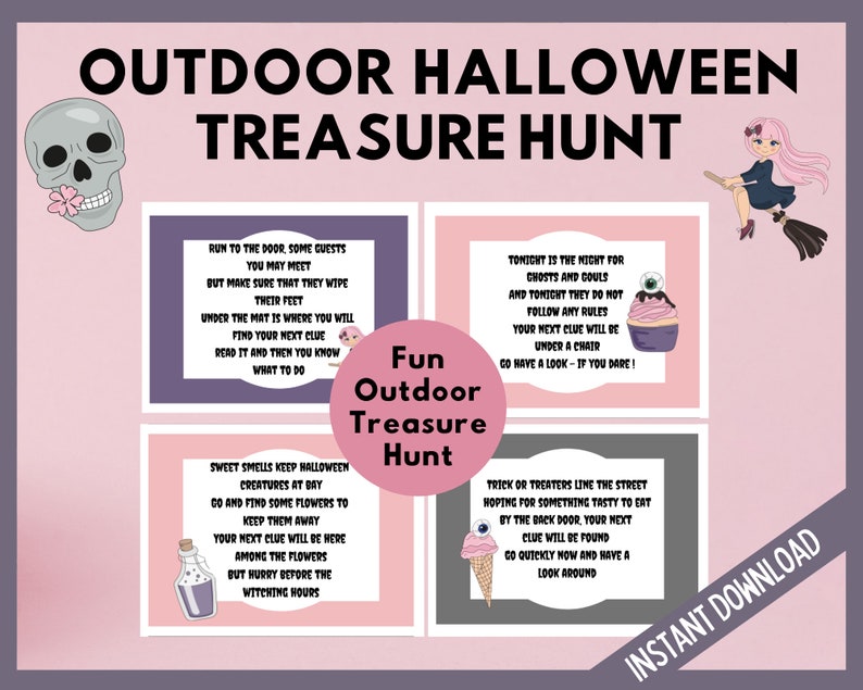 Outdoor Halloween Scavenger Hunt Clues Pink, Halloween Treasure Hunt ...