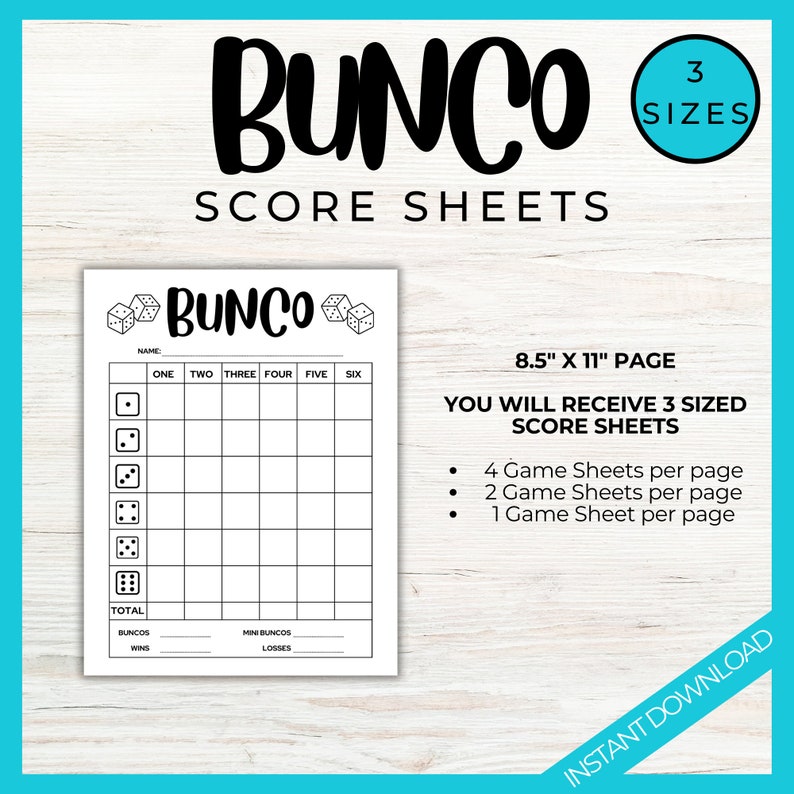 Bunco Printable Scorecards 3 Sizes Included,bunco Score Sheets, Digital ...
