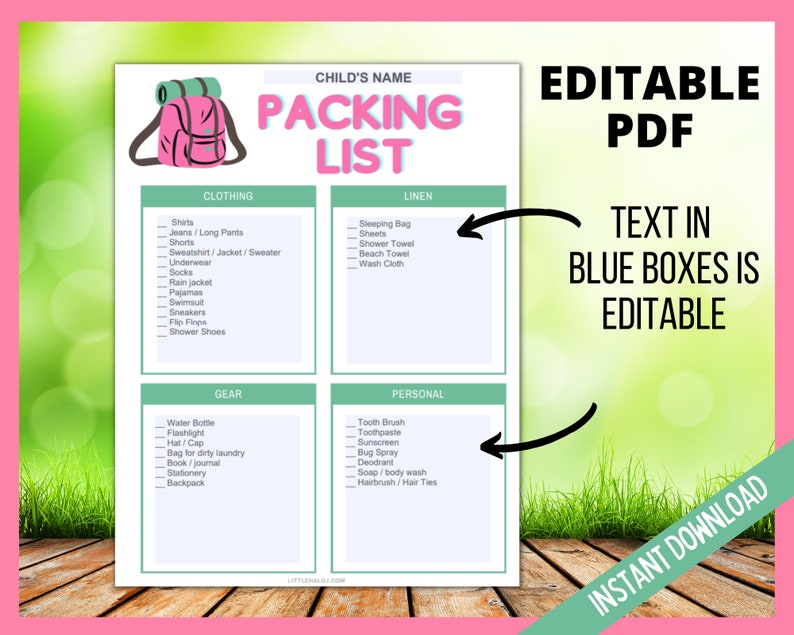 Editable Camp Packing List, Vacation Packing List, Travel Packing List ...