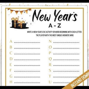 New Year's Eve A-Z Party Game, New Year's Eve Printable Game, Party ...