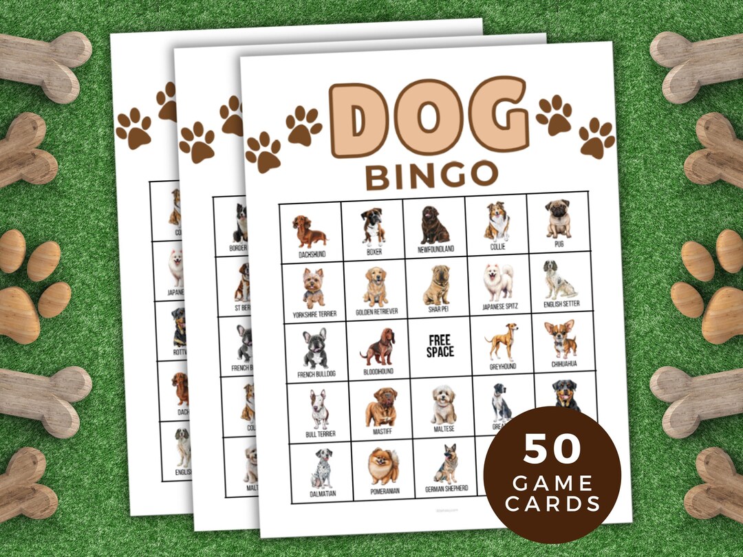 Dog Breed Bingo, 50 Printable Dog Game Bingo Cards, Dog Party Game ...