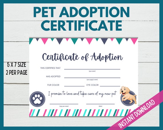Pet Adoption Certificate Adopt A Pet Puppy Adoption | Etsy