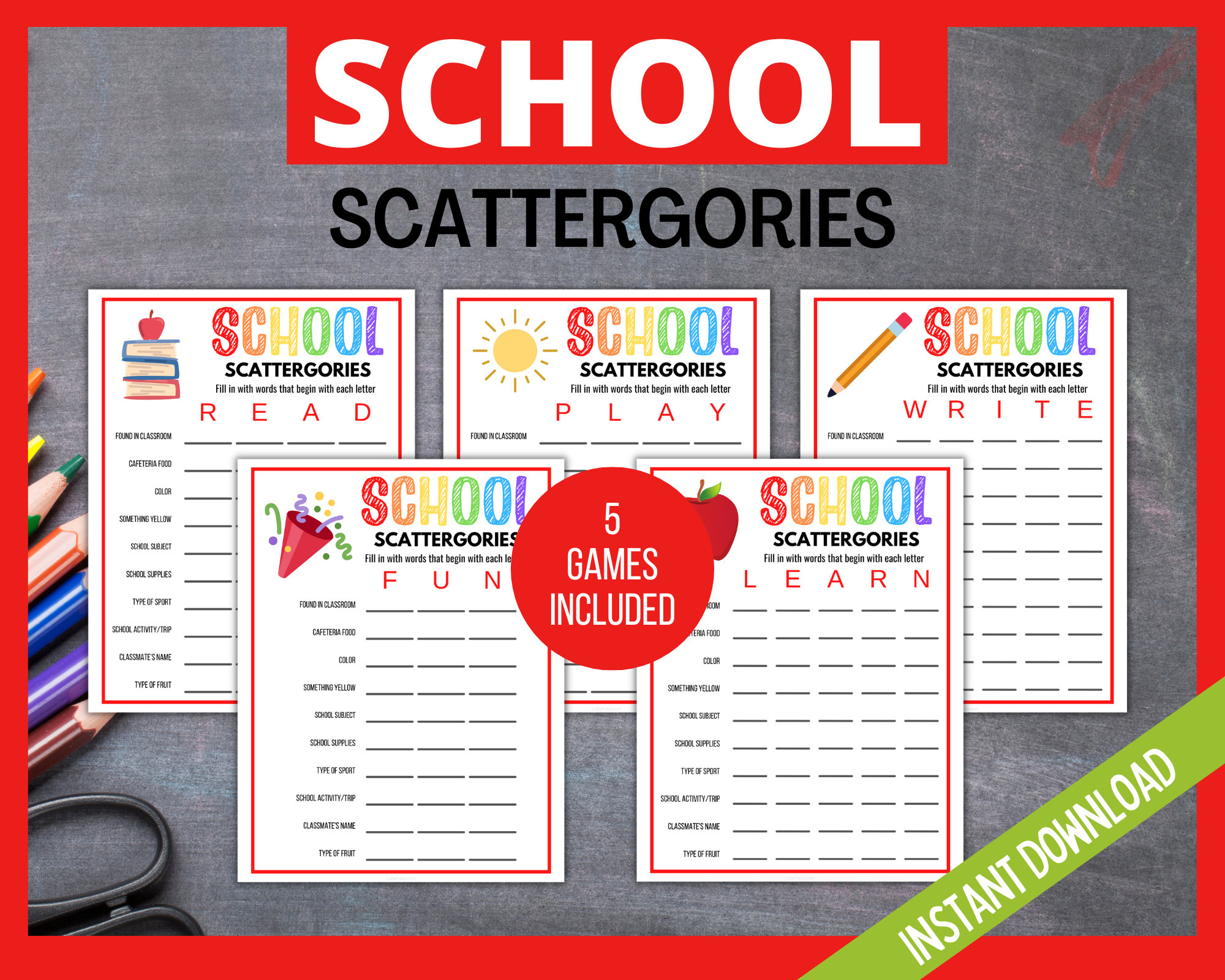 School Scattergories Game, Classroom Activity, School Word Game for ...