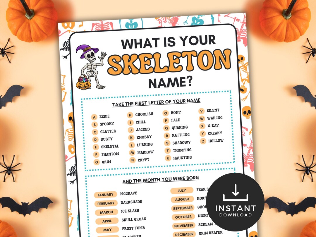 What's Your Skeleton Name, Halloween Printable Game, Halloween Party ...