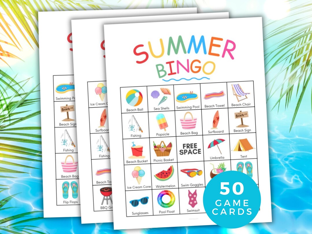 Summer Bingo Game, Summer Party Game, 50 Printable Summer Bingo Cards ...