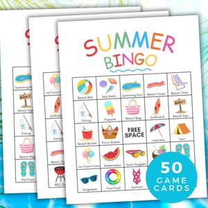 Summer Bingo Game, Summer Party Game, 50 Printable Summer Bingo Cards ...