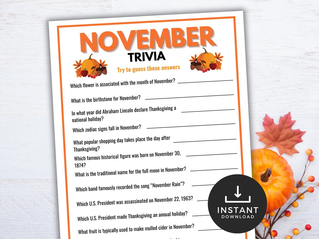 November Trivia Game, Fall Trivia Quiz, Autumn Games, Month Party Game ...