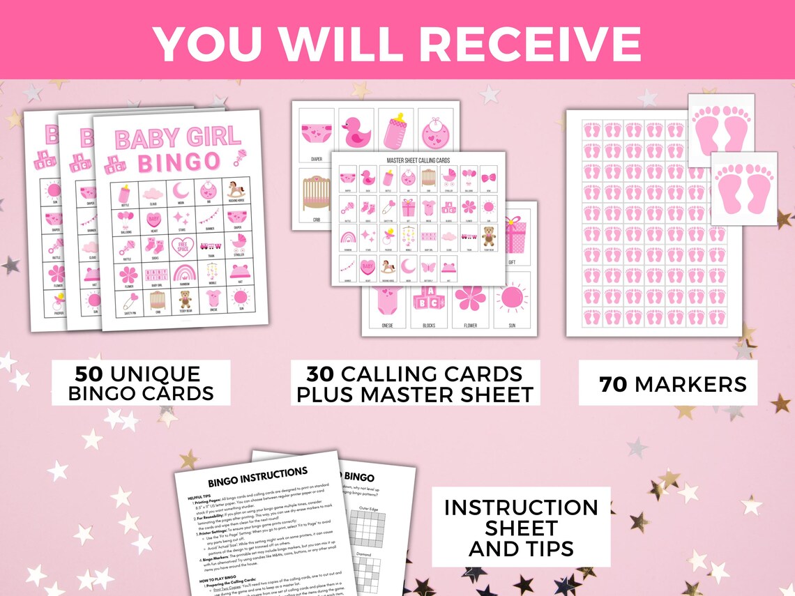 Baby Girl Bingo, Pink Baby Bingo, 50 Printable Baby Shower Bingo Cards ...