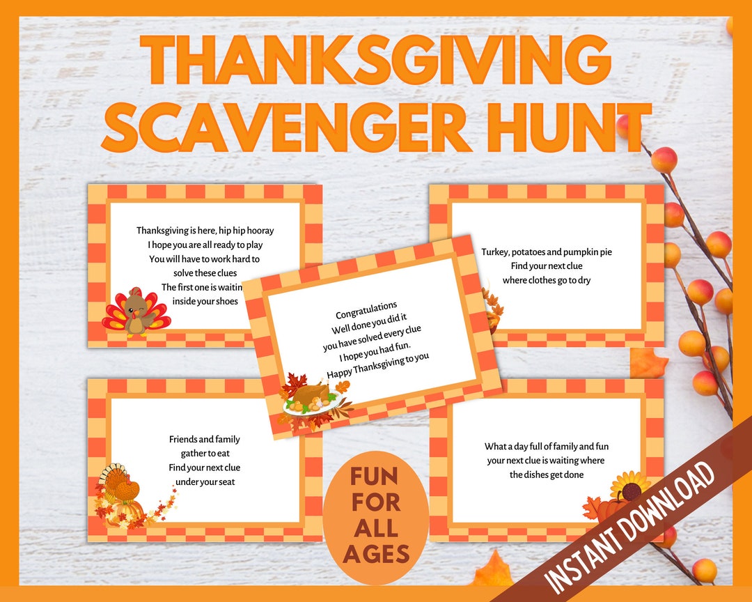 Thanksgiving Scavenger Hunt, Thanksgiving Treasure Hunt Clues ...