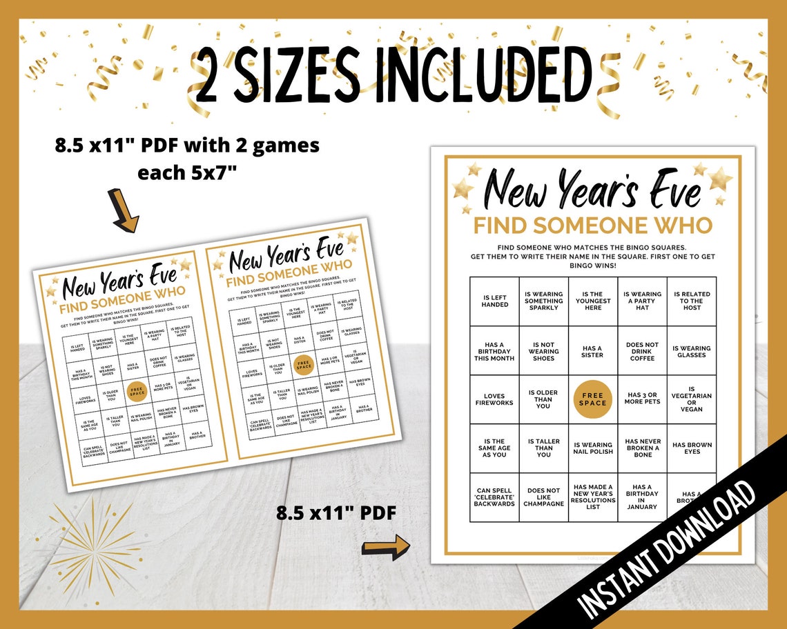 New Year's Eve Find Someone Who, New Years Eve Bingo Game, New Year's ...