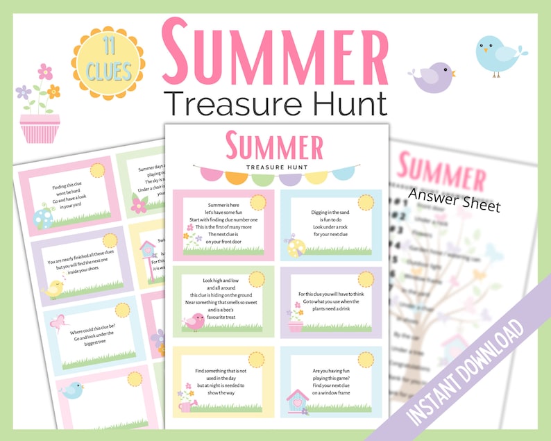 Summer Treasure Hunt Clues, Outdoor Treasure Hunt Clues, Summer ...