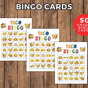 Taco Bingo Game, Fiesta Party Game, 50 Printable Taco Bingo Cards ...