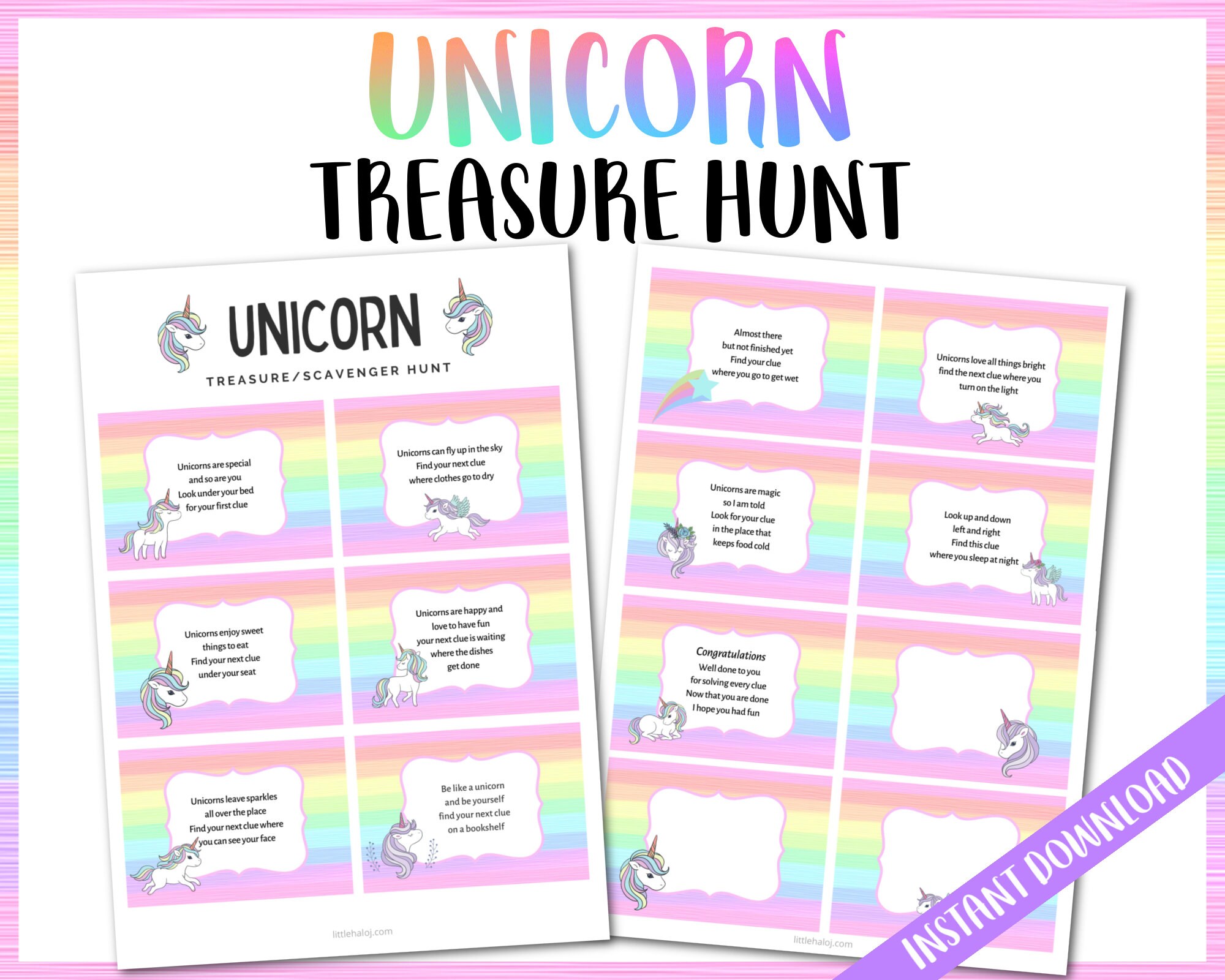 Unicorn Treasure Hunt for Kids, Unicorn Scavenger Hunt Clues, Unicorn ...