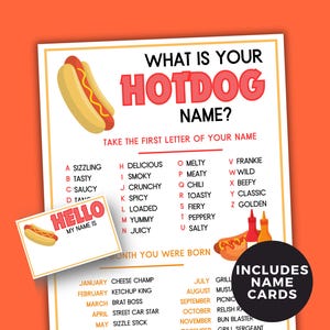 What is Your Hotdog Name Game Printable, BBQ Cookout, Summer Barbecue ...
