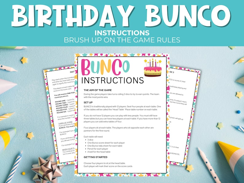 Birthday Bunco Printable Party Pack and Scorecards, Bunco Game Rules ...