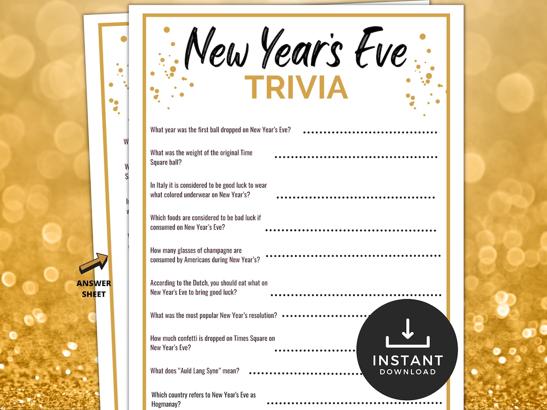 New Years Trivia Game, New Years Eve Trivia, NYE Trivia Party Printable ...