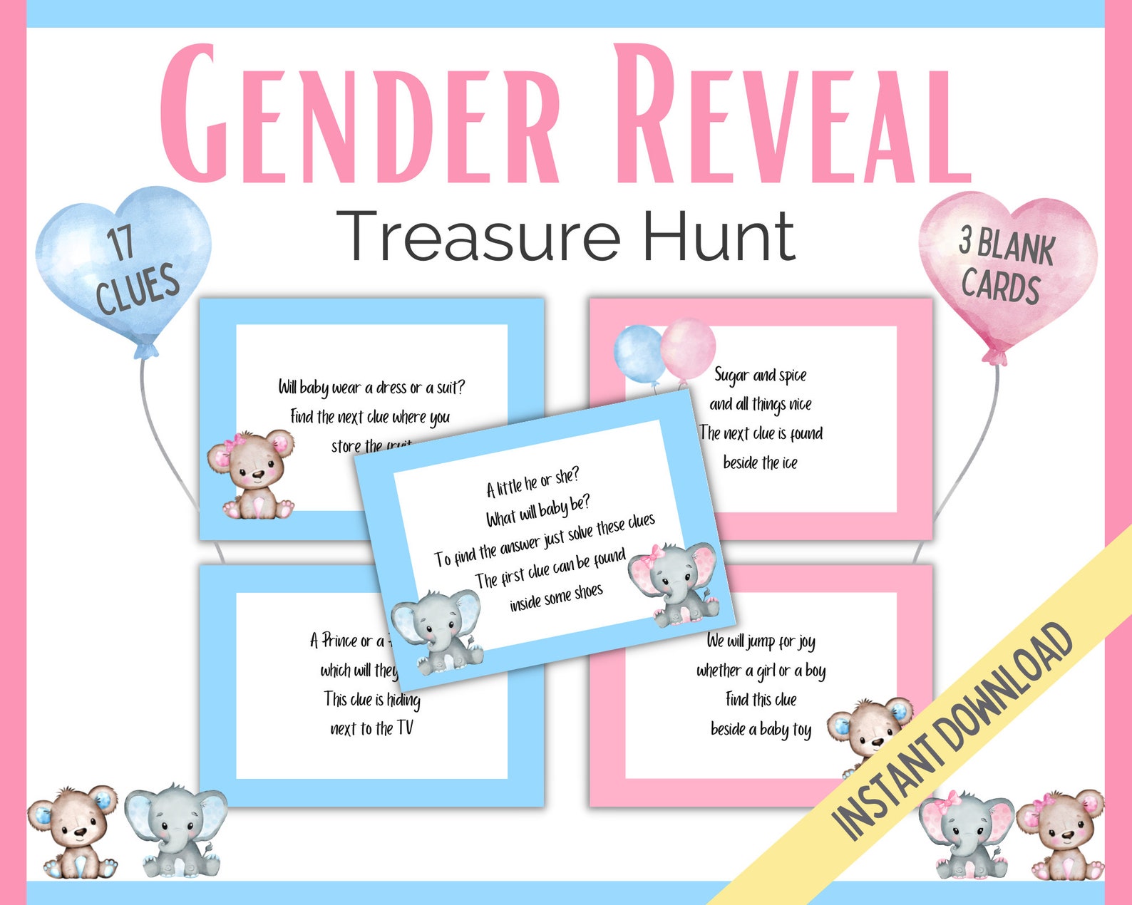 Gender Reveal Treasure Hunt Clues, Gender Reveal Scavenger Hunt, Gender ...