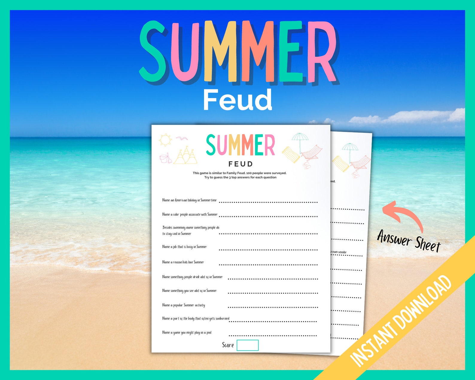 Summer Feud Game Fun Summer Games Summer Games for Kids | Etsy