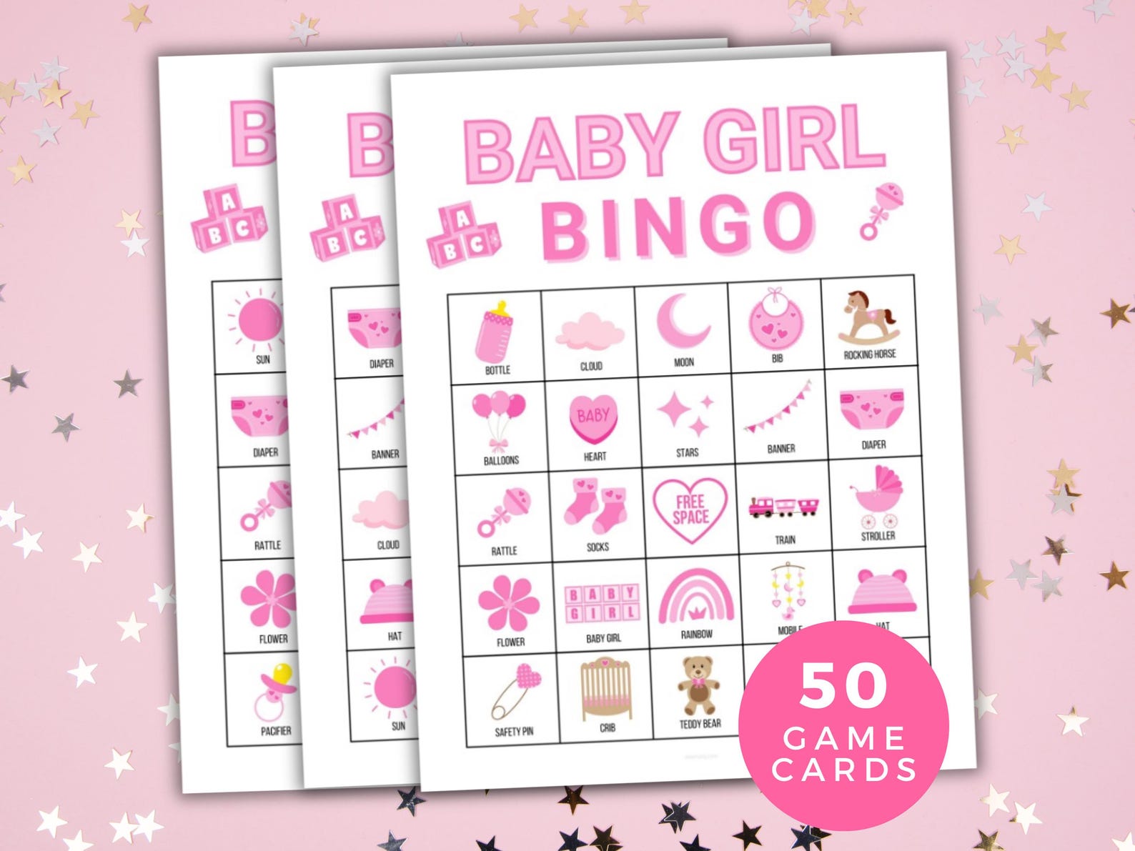 Baby Girl Bingo, Pink Baby Bingo, 50 Printable Baby Shower Bingo Cards ...