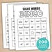 Sight Words Bingo, 200 Bingo Cards, Fry's First 100 Words, High ...