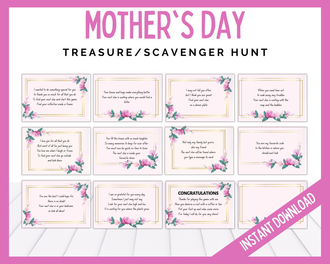 Mother's Day Scavenger Hunt, Mother's Day Treasure Hunt Clues, Mothers ...