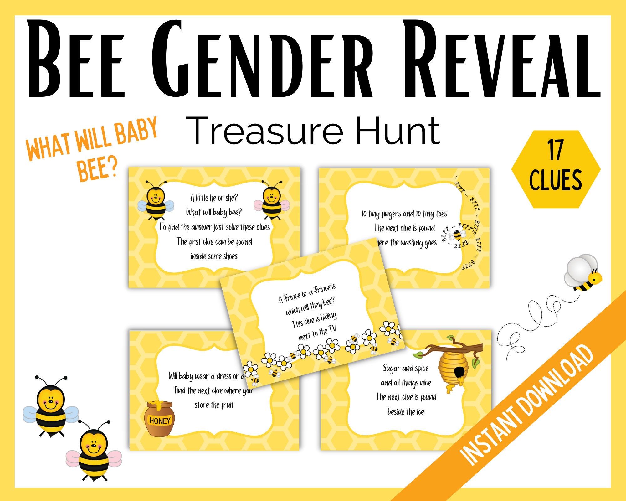 Bee Gender Reveal Treasure Hunt Clues, What Will Baby Bee Baby Shower ...