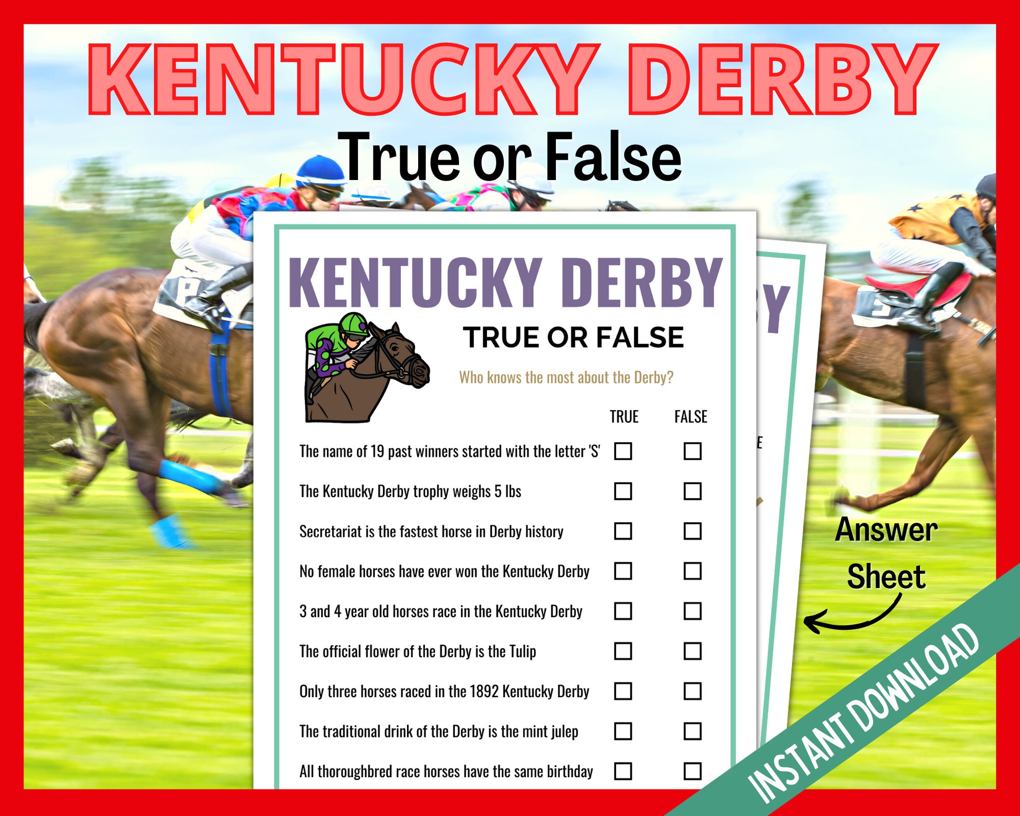 Kentucky Derby True or False Trivia Game, Triple Crown Party Game ...