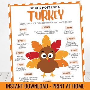 Thanksgiving Games, Who is Most Like a Turkey Game, Thanksgiving ...